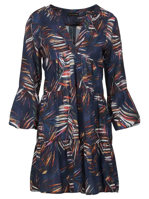 CONQUISTA Leaf Print A-line Dress With Bell Sleeves - Blue