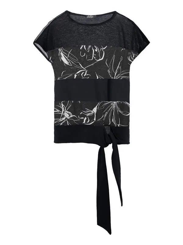 CONQUISTA Sleeveless Abstract Floral Print Top With Ties - Black