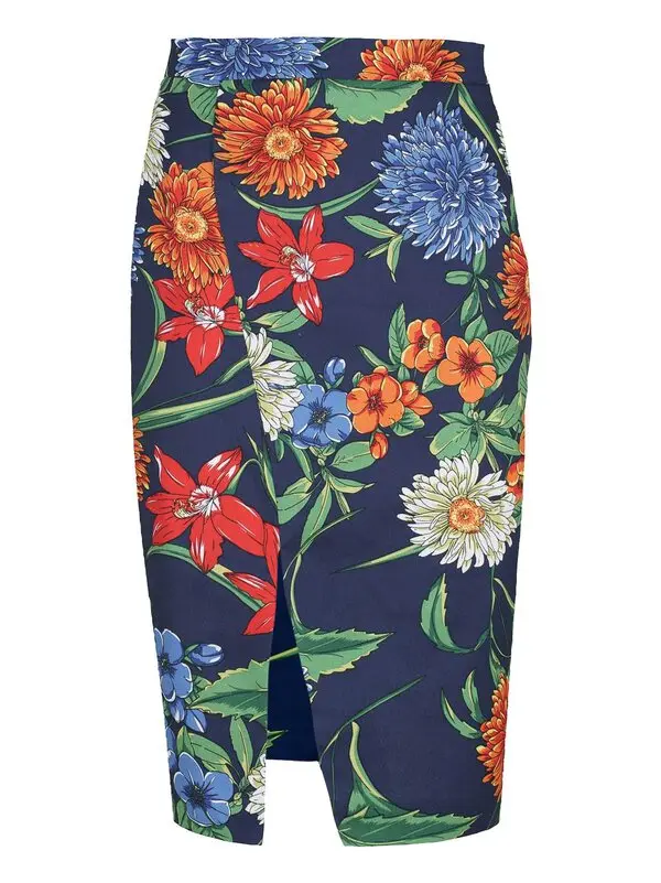 CONQUISTA Floral Cotton Pencil Skirt - Blue