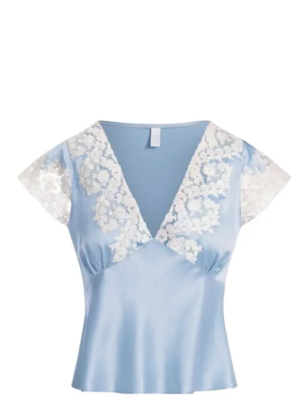 SCARLETT GASQUE Jayne Silk Lace Appliqué Cap Sleeve Top - Blue
