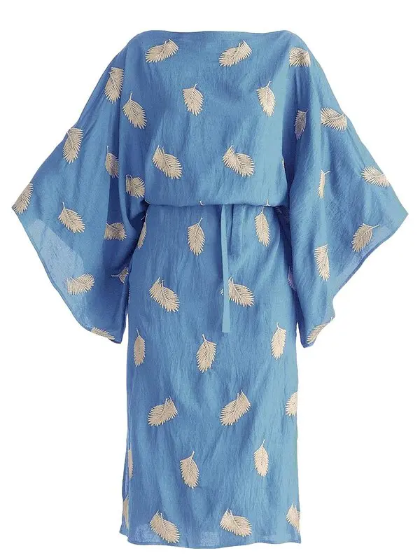 PAISIE Leaf Embroidered Kimono Sleeves Midi Dress - Blue