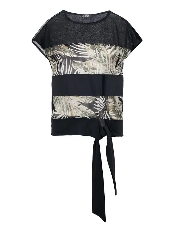 CONQUISTA Sleeveless Leaf Print Top With Front Tie Detail - Black
