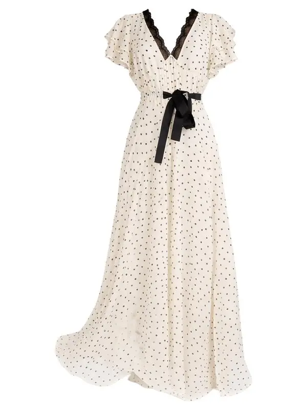 ROSE & NANCY Chloe Polka Dot Lace Detail Tie Waist Maxi Dress - White