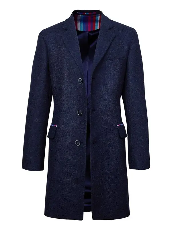 KOY CLOTHING Navy Wool Herringbone Overcoat With Kikoy Detailing - Blue