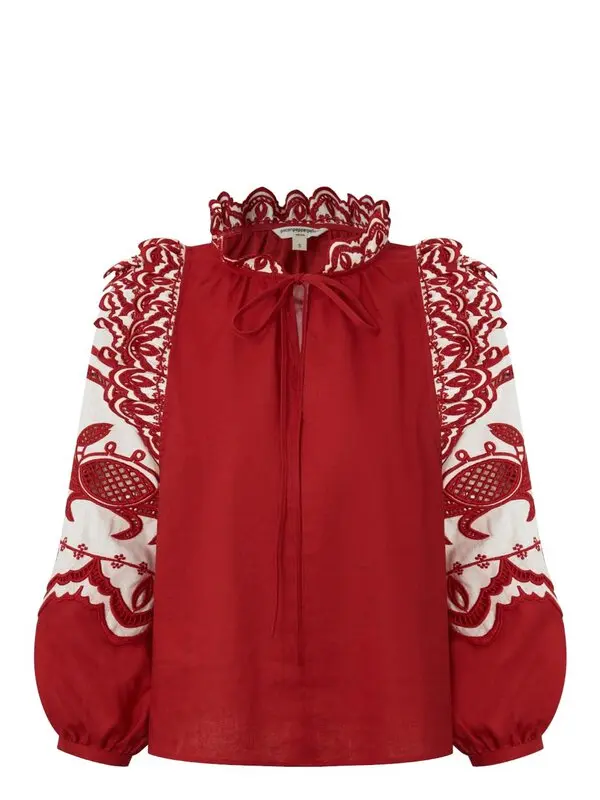 PECANPEPPERPELICAN Crab & Shrimp Embroidered Blouse - Red