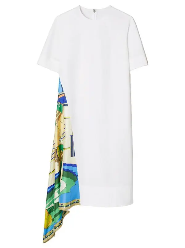 Tory Burch Silk Panel Cotton T-shirt Dress - White