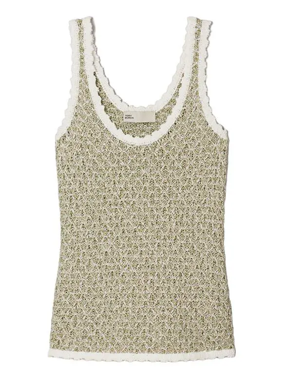 Tory Burch Textured Knit Tank Top With Scalloped Trim - Green/white