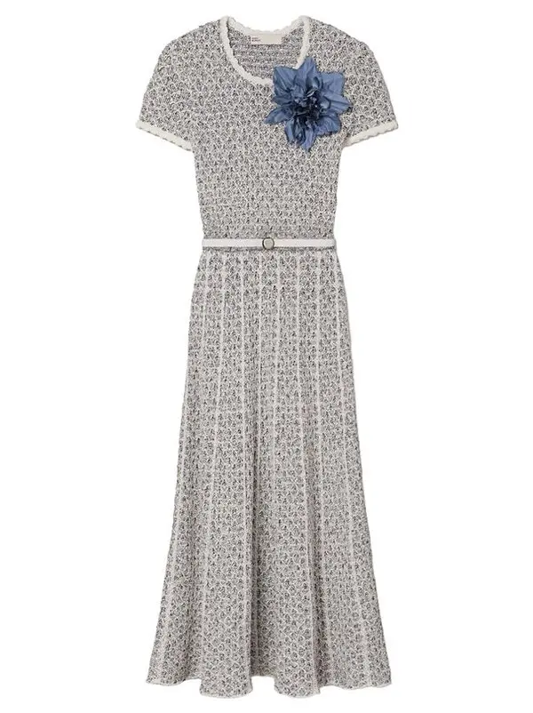 Tory Burch Floral Appliqué Knit Dress - Blue/white