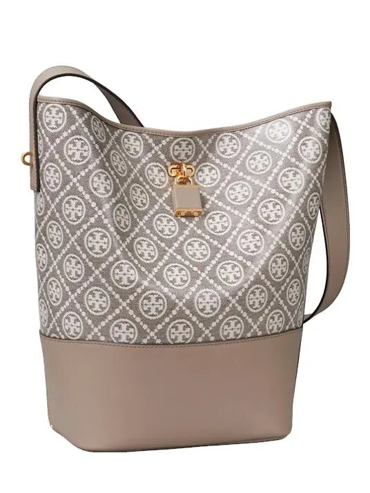Tory Burch T Monogram Coated Jacquard Lock Slim Bucket Bag - Charcoal