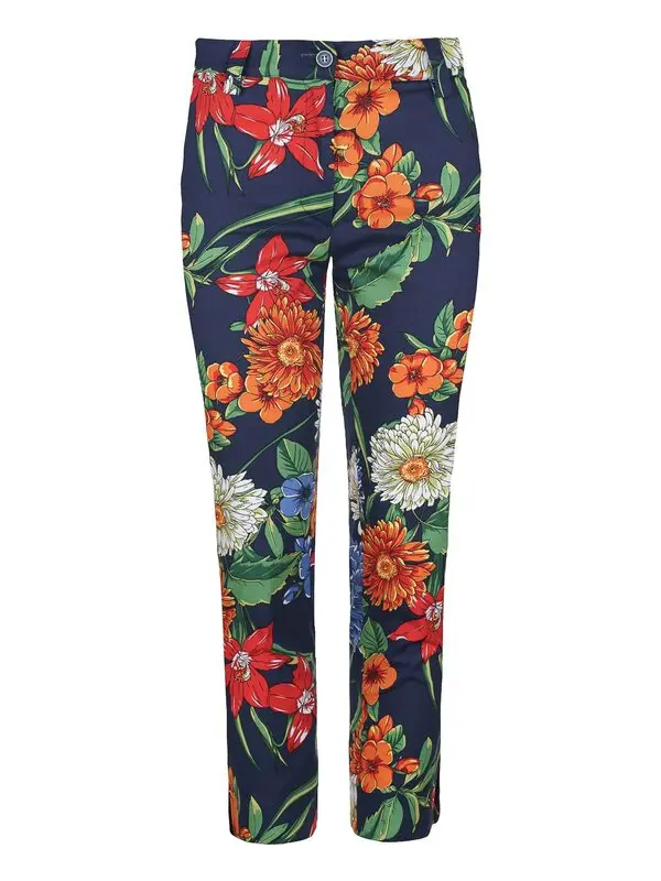 CONQUISTA Floral Print Stretch Gabardine Pants - Black