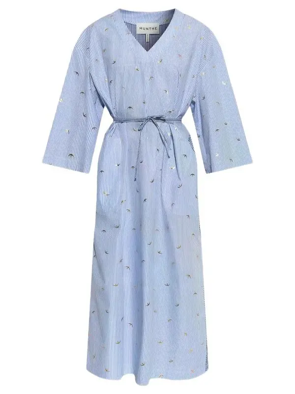 Munthe Byrus Stripe Pattern Bird Print Midi Dress - Blue