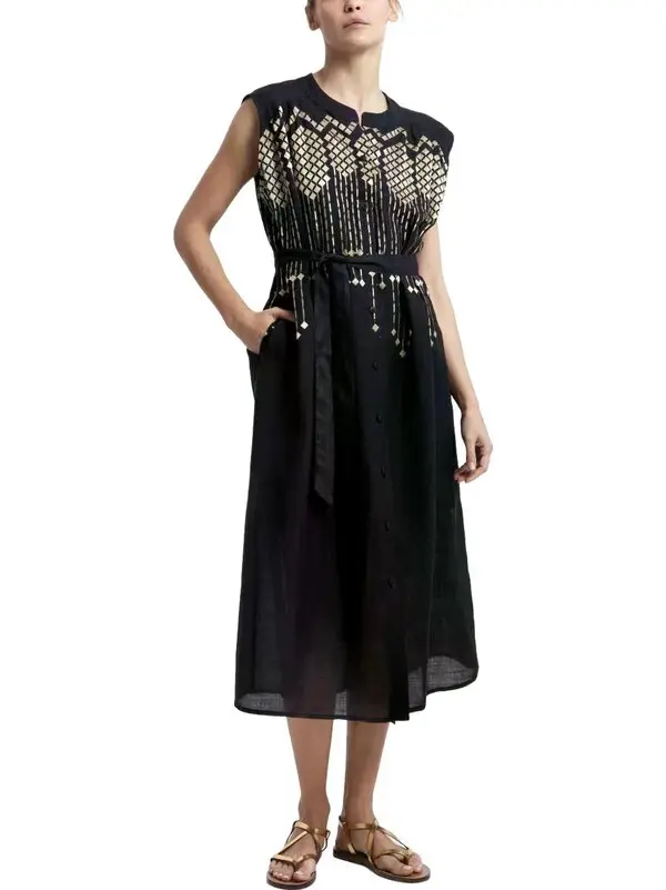 Greek Archaic Kori Embroidered Belted Dress - Black