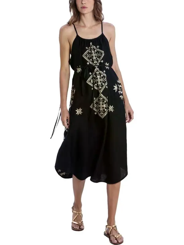 Greek Archaic Kori Embroidered Belted Dress - Black