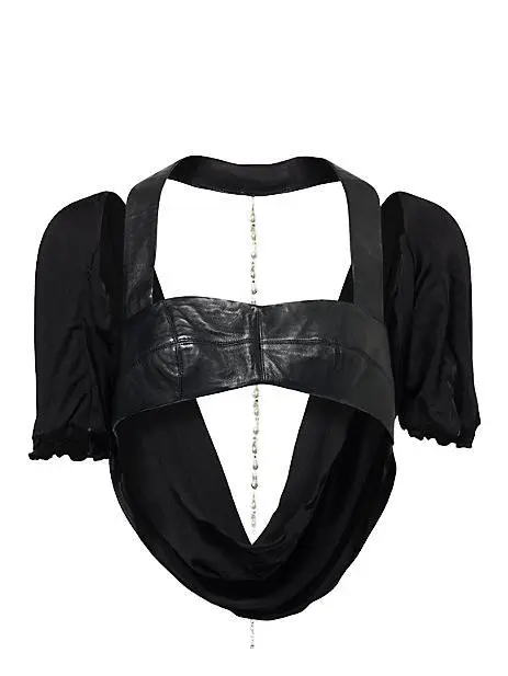 GRACE FAENA Zebra Pearl-embellished Leather And Silk-jersey Halterneck Top - Noir