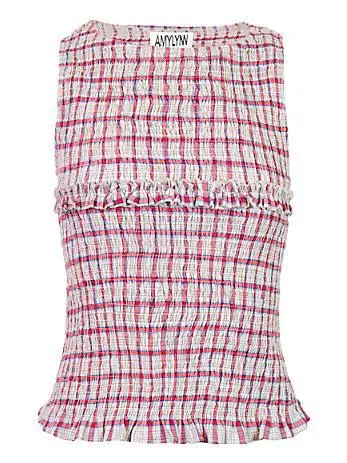 AMY LYNN Mona Windowpane Check Smocked Cotton Top - Red