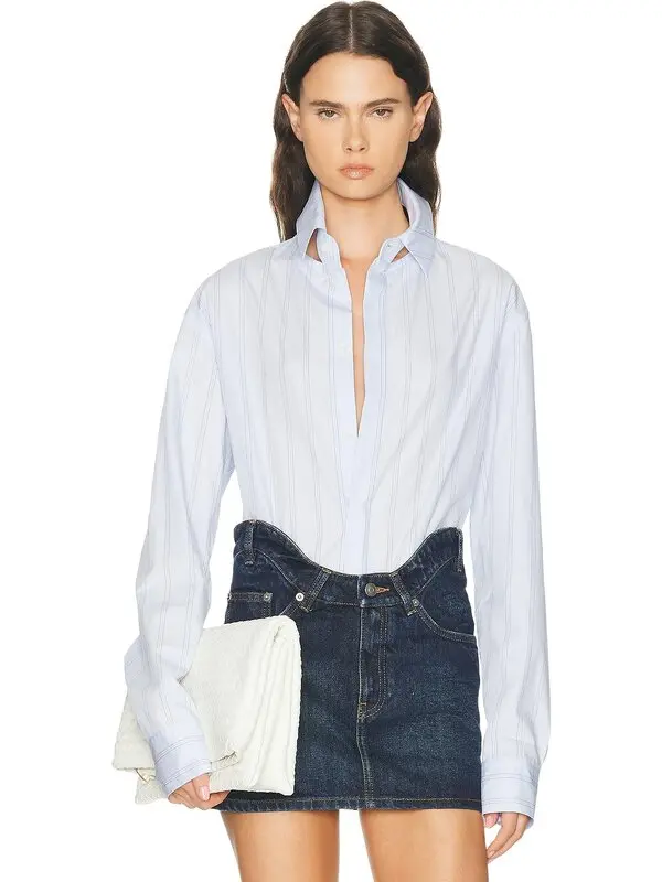 JEAN PAUL GAULTIER Button Up Top With Cut-out Collar - Lightblue & White