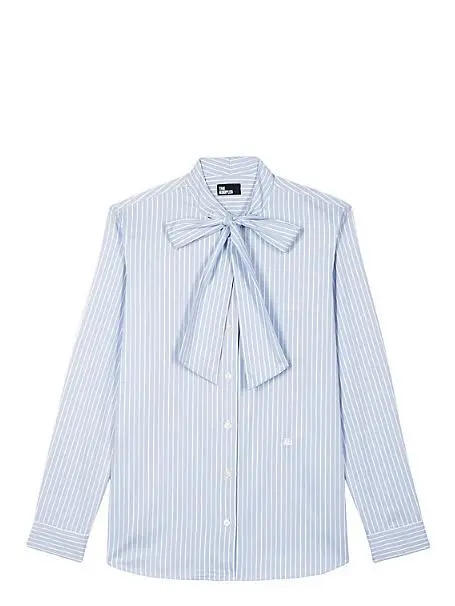 The Kooples Striped Tie-neck Cotton-blend Shirt - Blue White