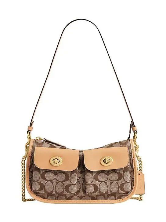 COACH Signature Monogram Turnlock Shoulder Bag - Khaki Light Peach
