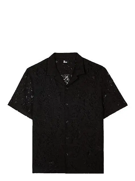 The Kooples Short-sleeved Notch-collar Lace Shirt - Black