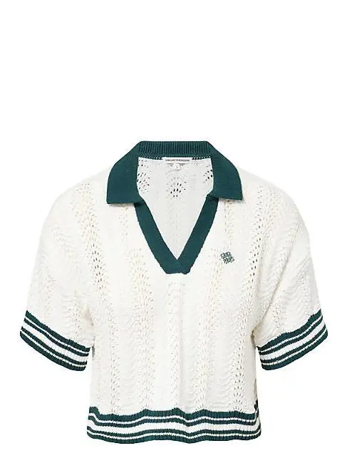 THE COUTURE CLUB Cropped Open Collar Crochet Cotton Shirt - Forestgreen