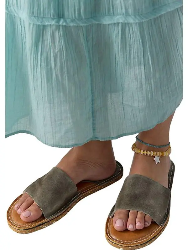 Free People Artisanal Suede Slide Sandals With Contrast Stitching - Washed Grey