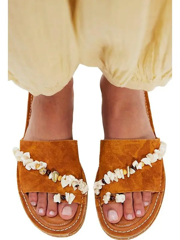 Free People Artisanal Suede Toe Ring Sandals With Shell Embellishments - Tan