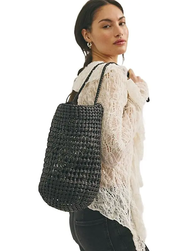 Free People Woven Leather Bucket Bag - Black