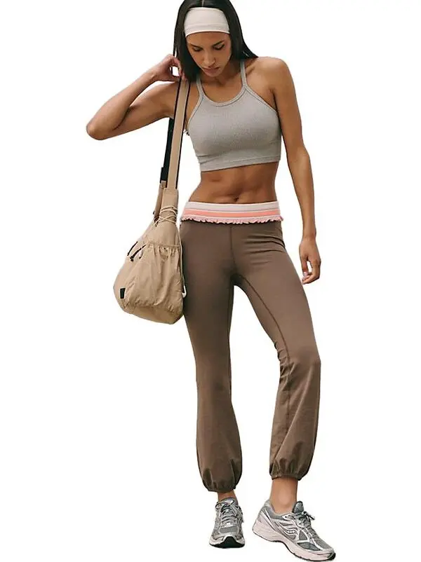 Free People Let's Bounce Back Pants With Ruffled Waistband And Cinched Hem - Sandstorm Combo