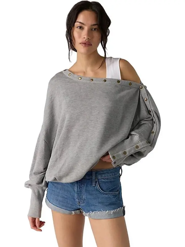 Free People Off-the-shoulder Pullover With Snap Details - Heather Grey