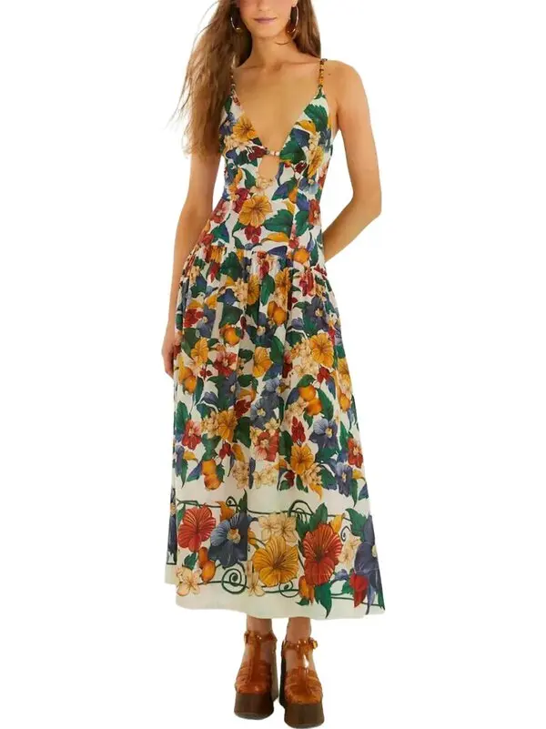 Farm Rio Floral Print Cut-out Midi Dress - White