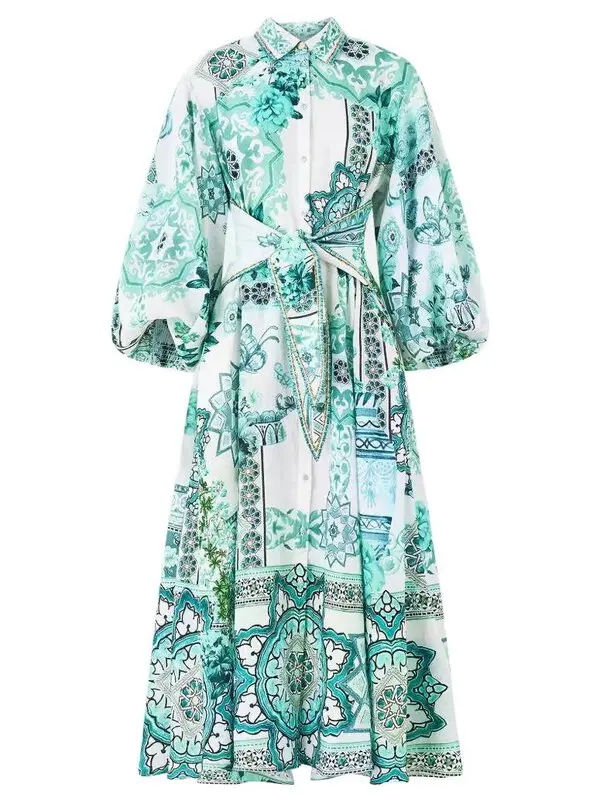 Camilla Maxi Shirt Dress With Bubble Sleeves And Floral Print - White