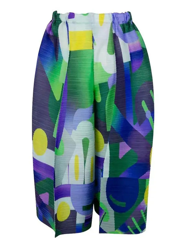 Issey Miyake Abstract Print Pleated Wide-leg Shorts - Blue