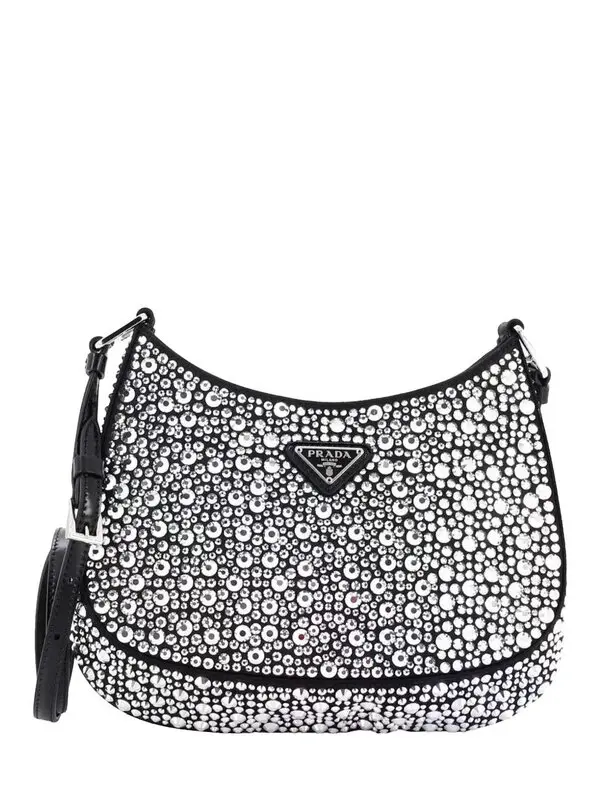 Prada Crystal Embellished Satin Shoulder Bag - Black