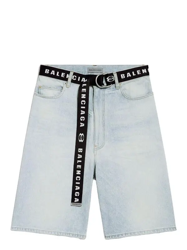 Balenciaga Belted Denim Shorts With Unity Artwork - Blue