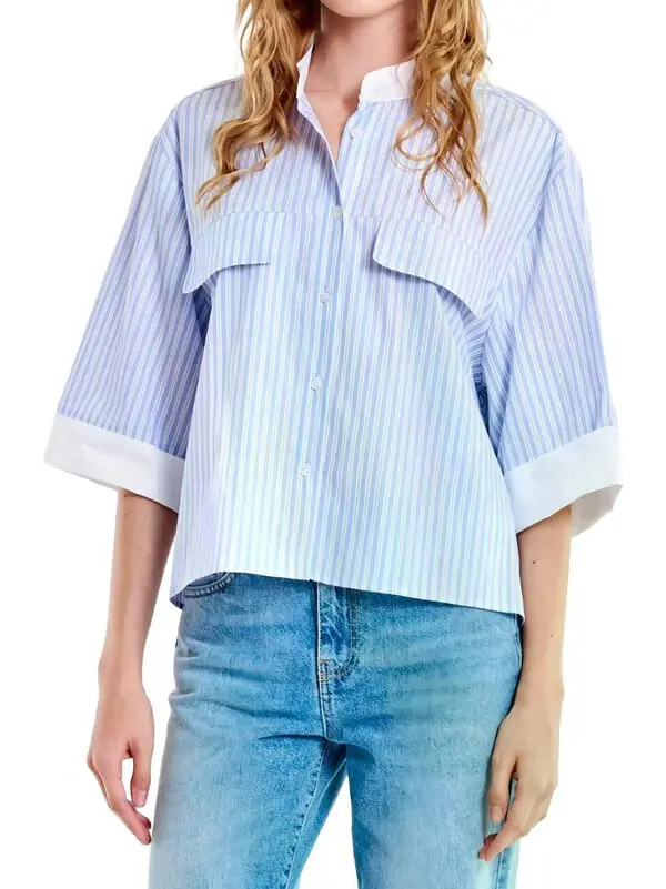 VICOLO Striped Flap-pocket Shirt - Blue