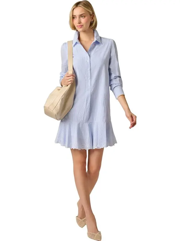 Adrianna Papell Long Sleeve Embroidered Hem Dress - Blue/white