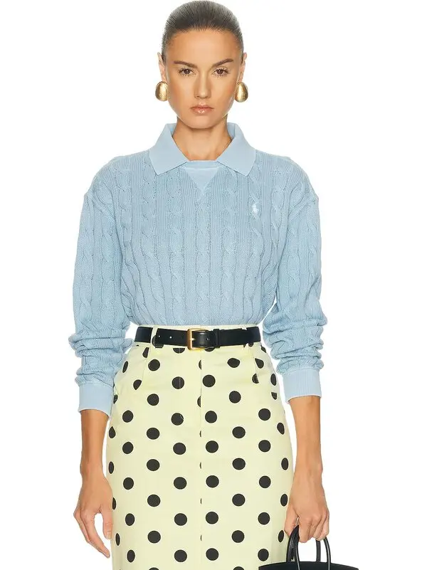 Polo Ralph Lauren Cable Knit Long Sleeve Polo Sweater - Chambray Blue