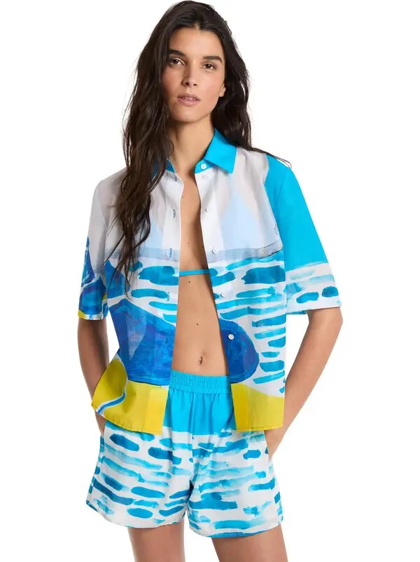 Michael Kors X Christina Zimpel Cotton Lawn Shirt With Beach Scene Print - White