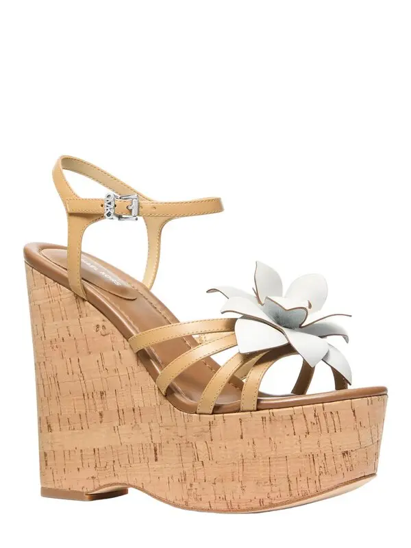 Michael Kors Jacie Floral Embellished Leather Wedge Sandal - Brown