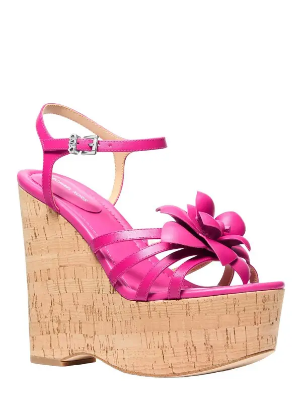 Michael Kors Jacie Floral Embellished Leather Wedge Sandal - Pink