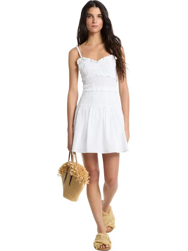 Michael Kors Smocked Cotton Poplin Sweetheart Neckline A-line Tank Dress - White