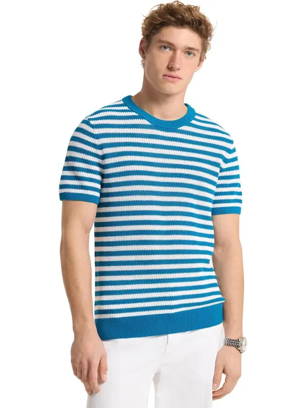Michael Kors Striped Mesh Cotton Short-sleeve Sweater - Blue