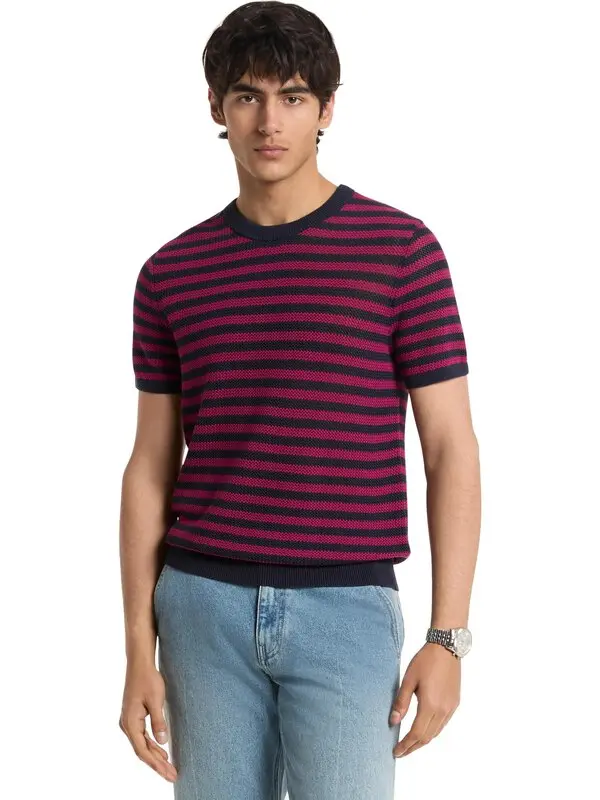Michael Kors Striped Mesh Cotton Short-sleeve Sweater - Red