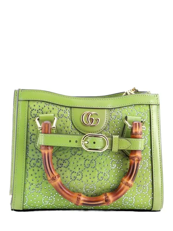 Gucci Diana Mini Tote Bag With Bamboo Handle And Crystal Embellished Gg Canvas - Green