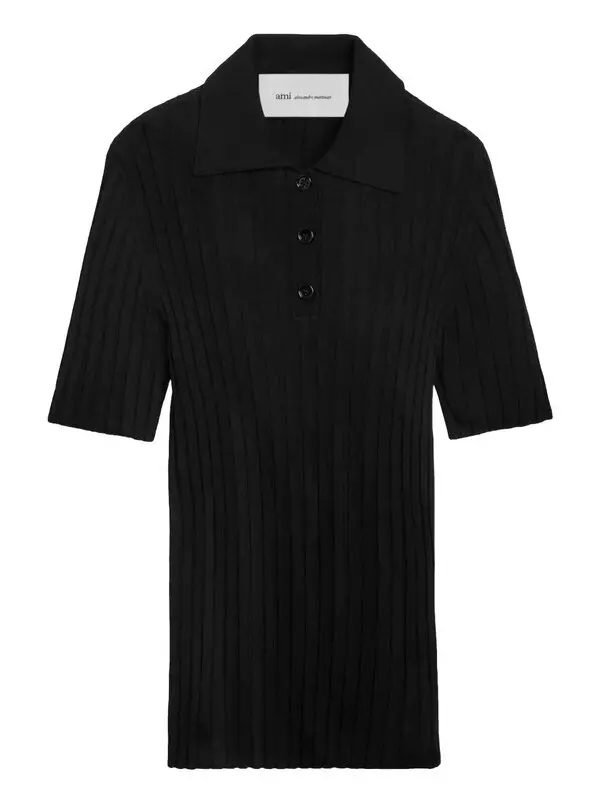 AMI Paris Ribbed Knit Short Sleeve Polo Shirt - Black