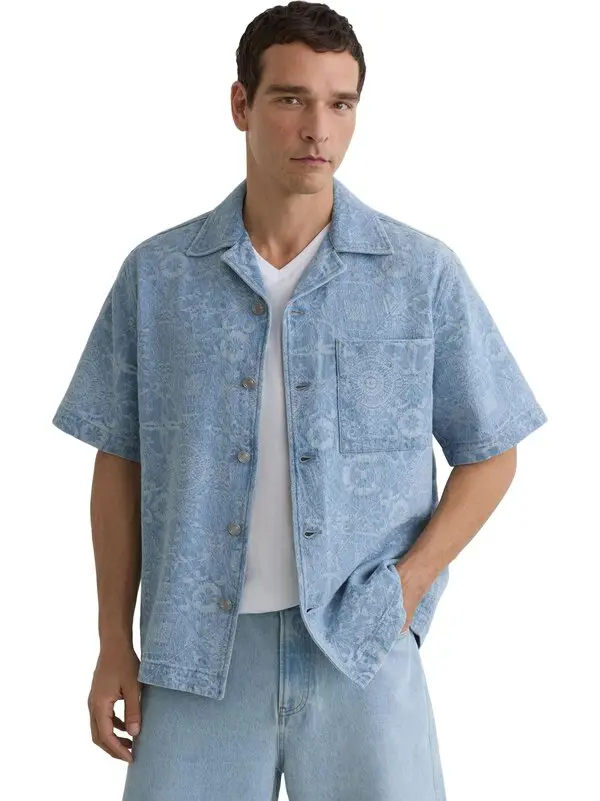 REISS Merito Denim Jacquard Short-sleeve Shirt - Soft Blue
