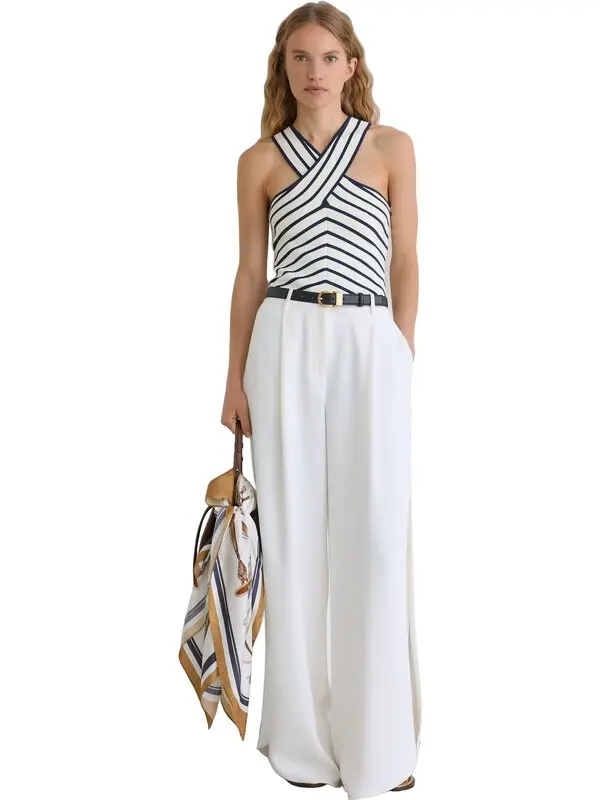 REISS Aria Striped Cross-strap Knitted Vest - White/navy