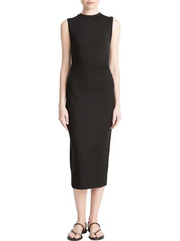 Vince Sleeveless Gathered-waist Jersey Midi Dress - Black
