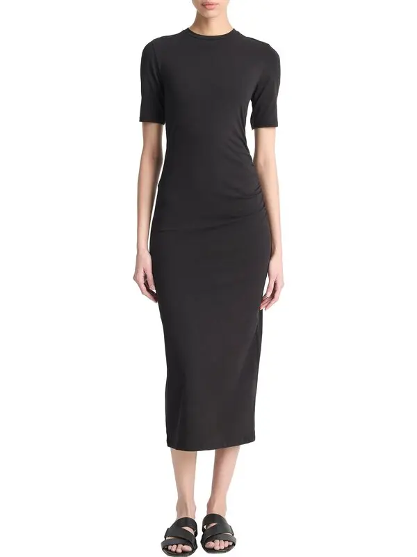 Vince Pima Cotton Blend Side-drape Elbow-sleeve Dress - Black