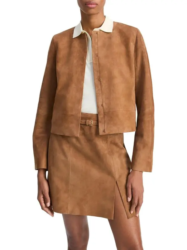 Vince Collarless Cropped Suede Jacket - Camarillo